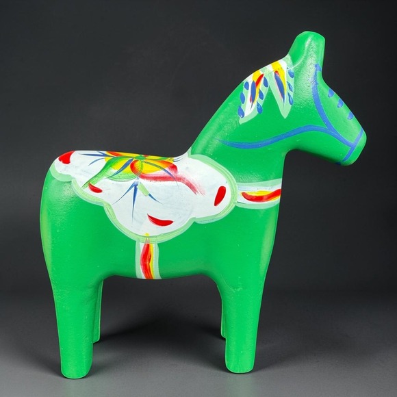 Art | Vintage Swedish Dala Horse Green Hand Painted Wooden Folk Art ...
